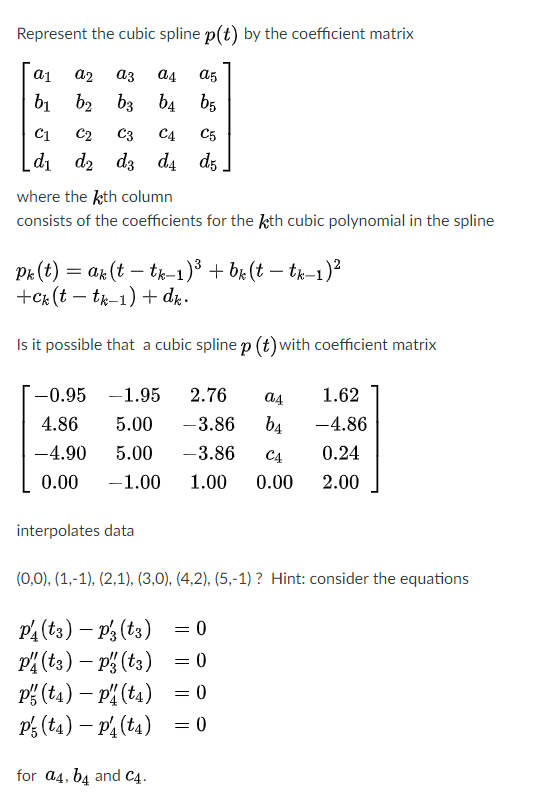 Represent the cubic spline p(t) by the coefficient | Chegg.com