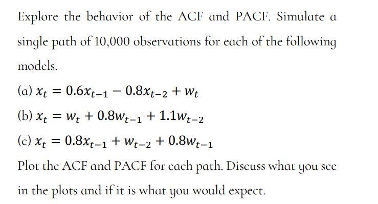 Solved Explore the behavior of the ACF and PACF. Simulate a | Chegg.com