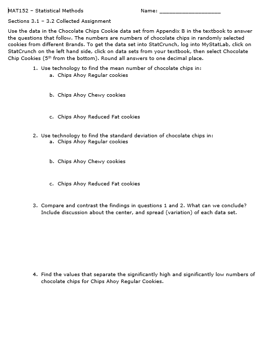 Solved MAT152 - Statistical Methods Name: Sections 3.1 - 3.2 | Chegg.com