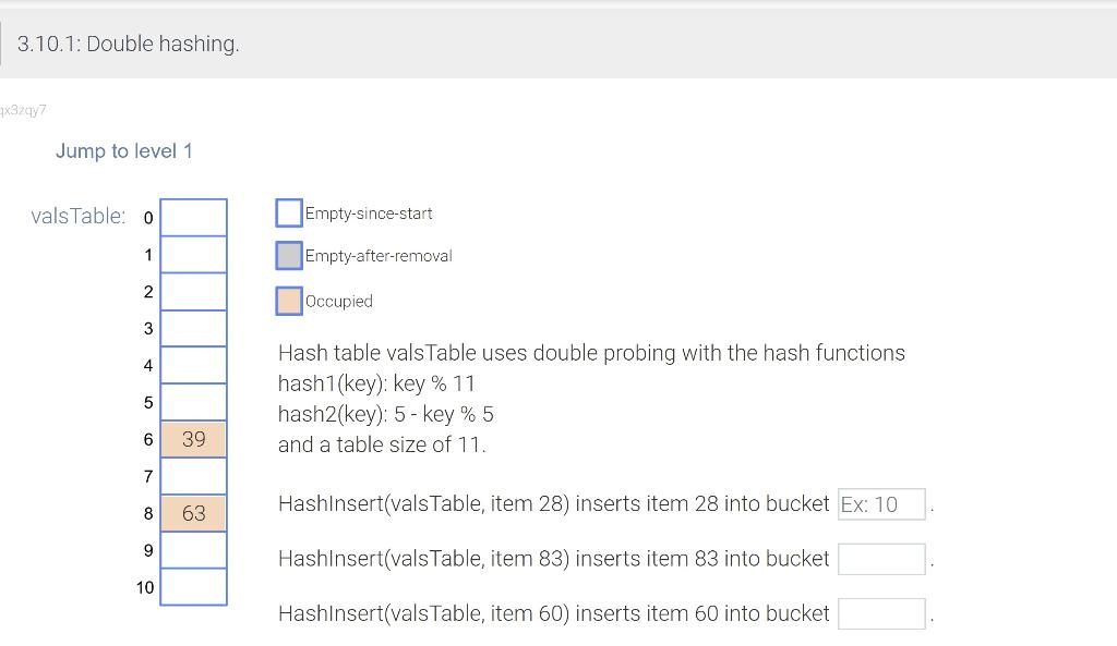 Solved 3.10.1: Double hashing. 2x3747 Jump to level 1 vals | Chegg.com