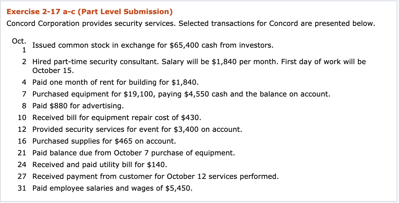 Solved Exercise 2-17 a-c (Part Level Submission) Concord | Chegg.com