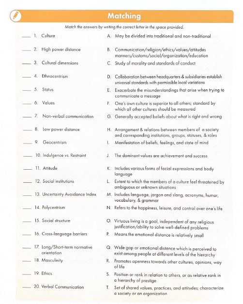 Solved Matching Match the answers by writing the correct | Chegg.com