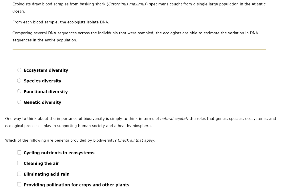 Solved 1. Biodiversity Ecologists are interested in | Chegg.com