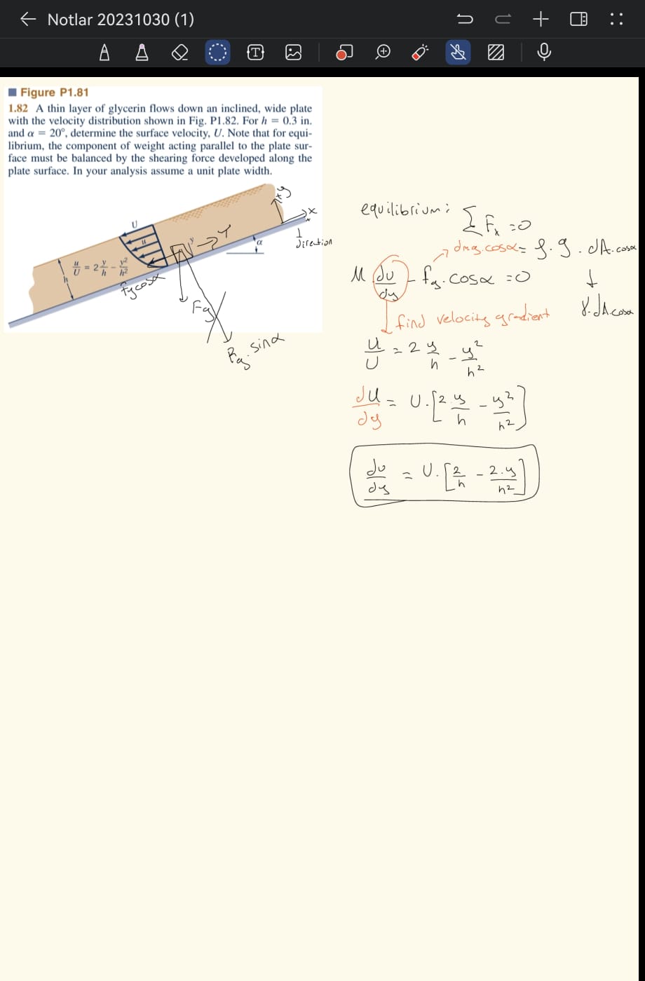 Solved 1.82 A thin layer of glycerin flows down an inclined, | Chegg.com