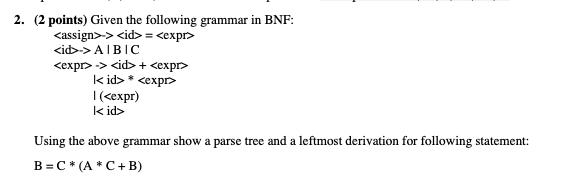 Solved 2. (2 points) Given the following grammar in BNF: -> | Chegg.com
