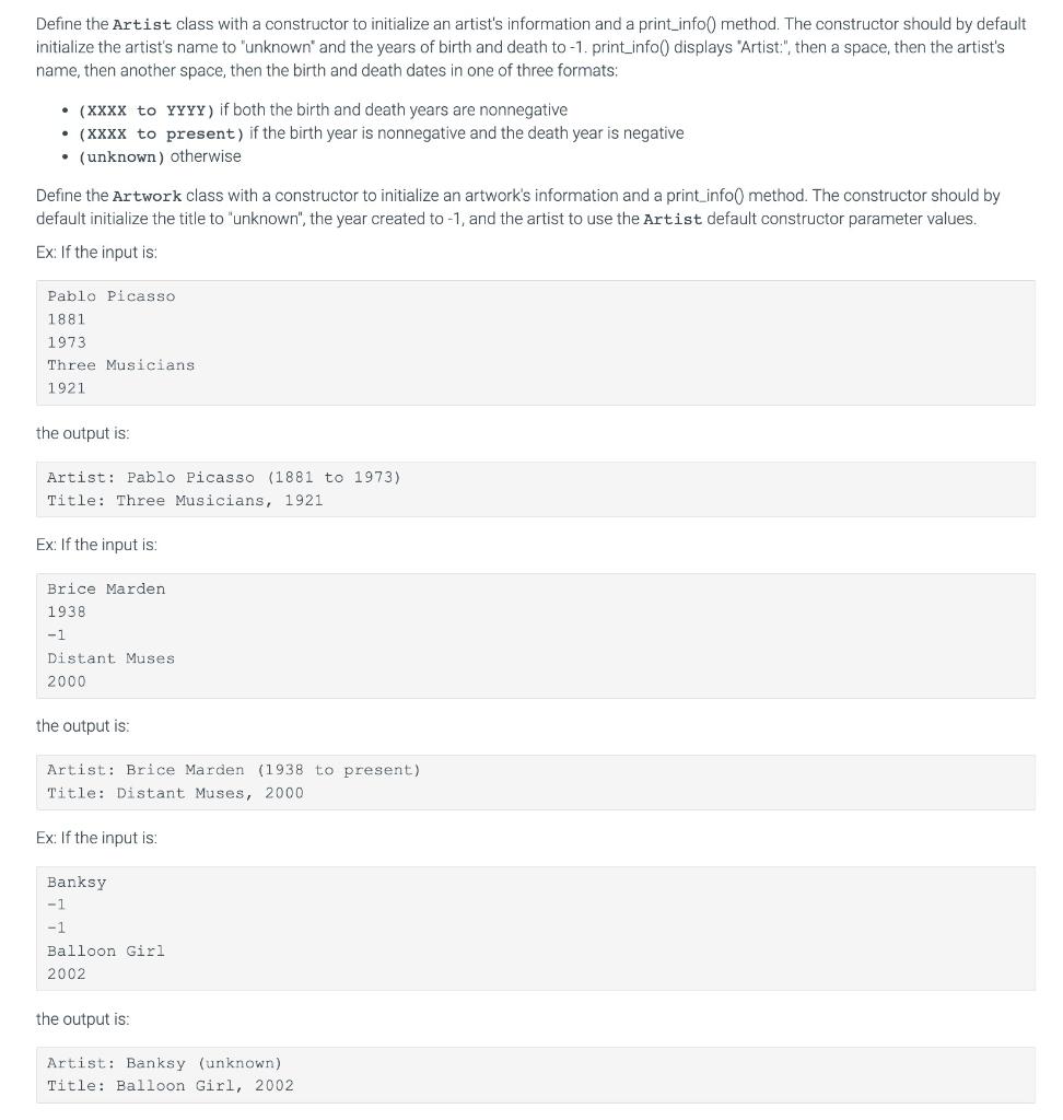 Solved Code to use: class Artist: # TODO: Define | Chegg.com