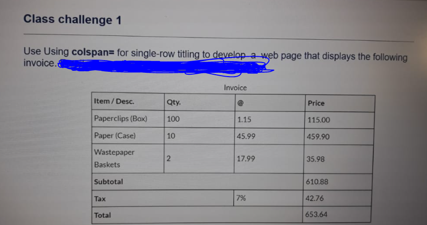 Solved Class challenge 1 Use Using colspan= for single-row | Chegg.com