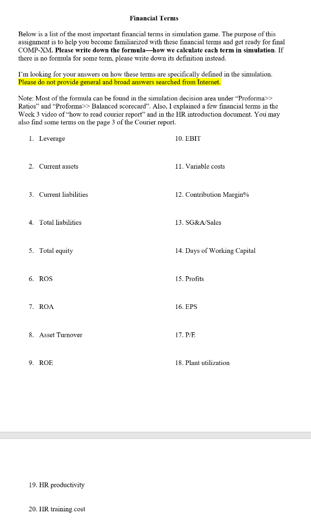 Below is a list of the most important financial terms | Chegg.com