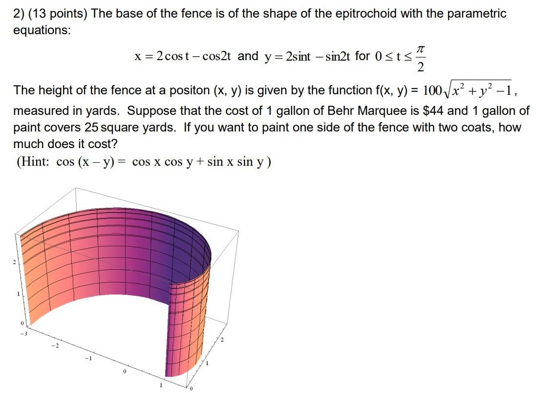 Solved π 2) (13 points) The base of the fence is of the | Chegg.com