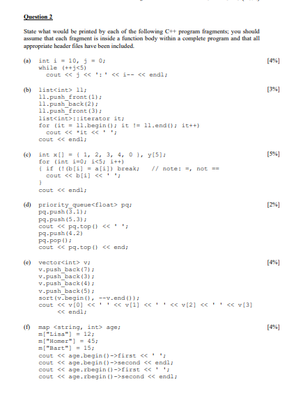 Solved Question 2 State what would be printed by each of the | Chegg.com