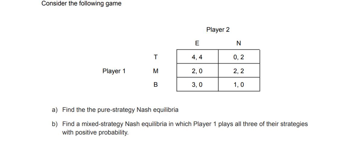 Solved Consider the following game Player 2 E N T 4,4 0,2 | Chegg.com