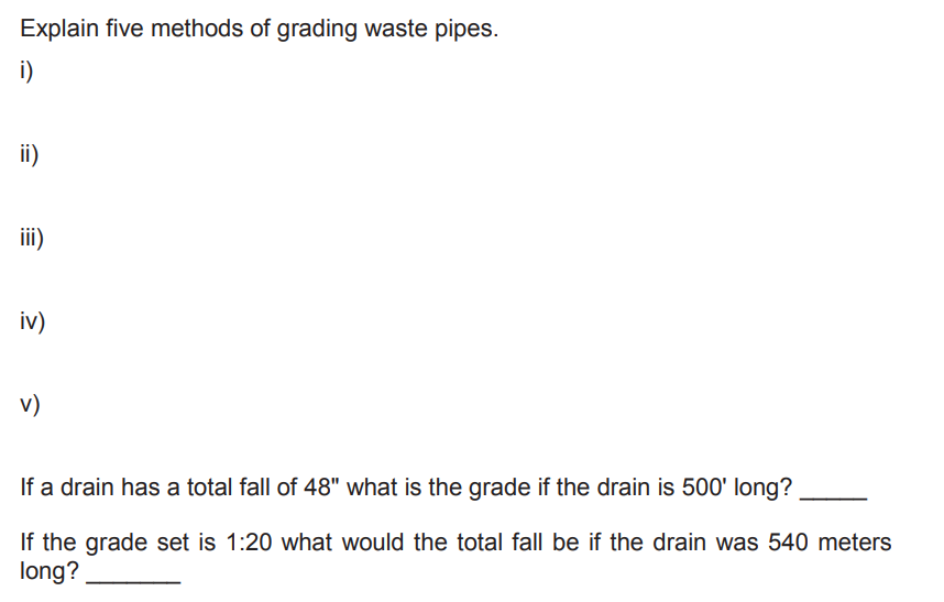 Solved Explain five methods of grading waste pipes. i) ii) | Chegg.com