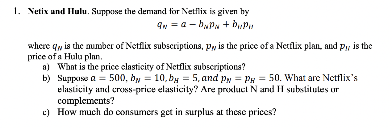 Solved 1. Netix and Hulu. Suppose the demand for Netflix is | Chegg.com