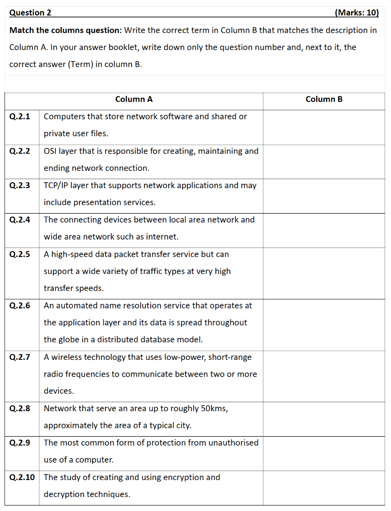 Solved Question 2 (Marks: 10) Match the columns question: | Chegg.com