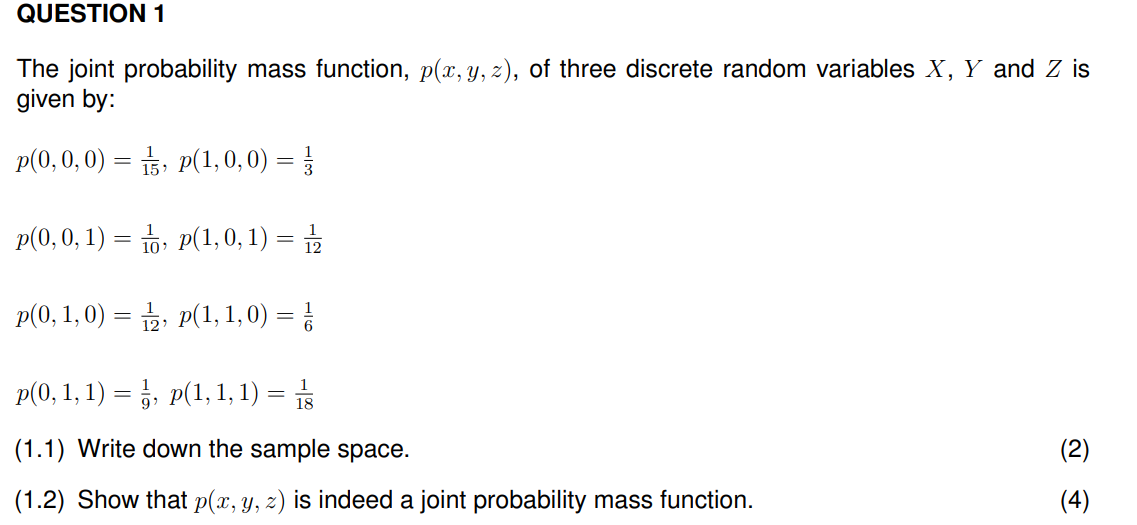 Solved The joint probability mass function, p(x,y,z), of | Chegg.com
