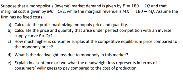 Solved Suppose that a monopolist's (inverse) ﻿market demand | Chegg.com