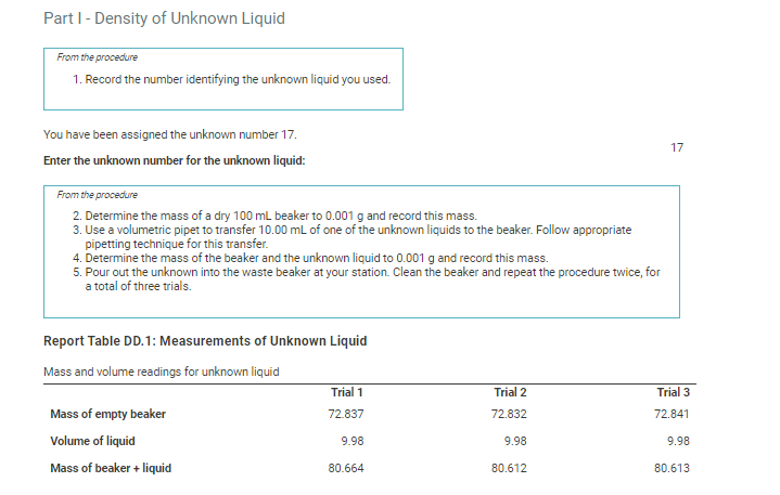 Solved Part 1 - Density of Unknown Liquid From the procedure | Chegg.com