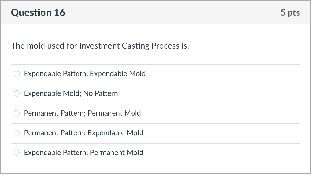 Solved The mold used for Investment Casting Process is: | Chegg.com