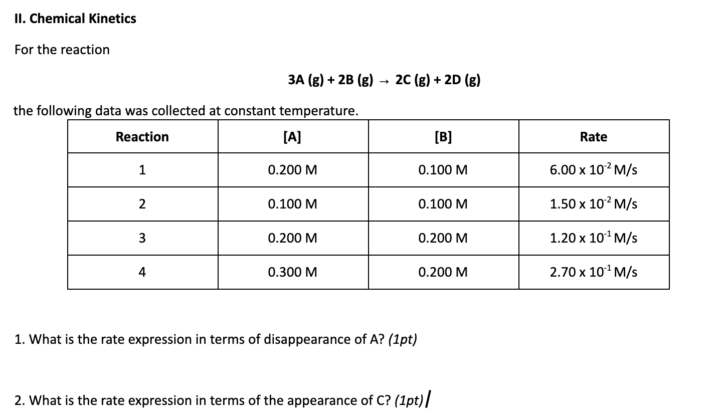 Solved II. Chemical Kinetics For the reaction 3A (g) + 2B | Chegg.com