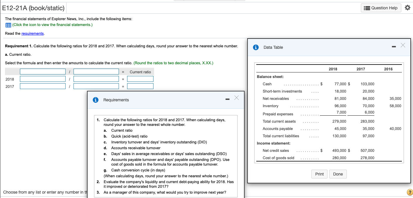 Solved E12-21A (book/static) Question Help The financial | Chegg.com