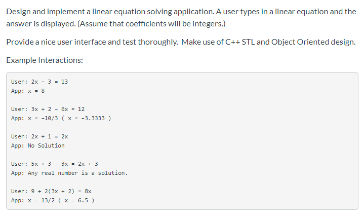 Solved Design and implement a linear equation solving | Chegg.com