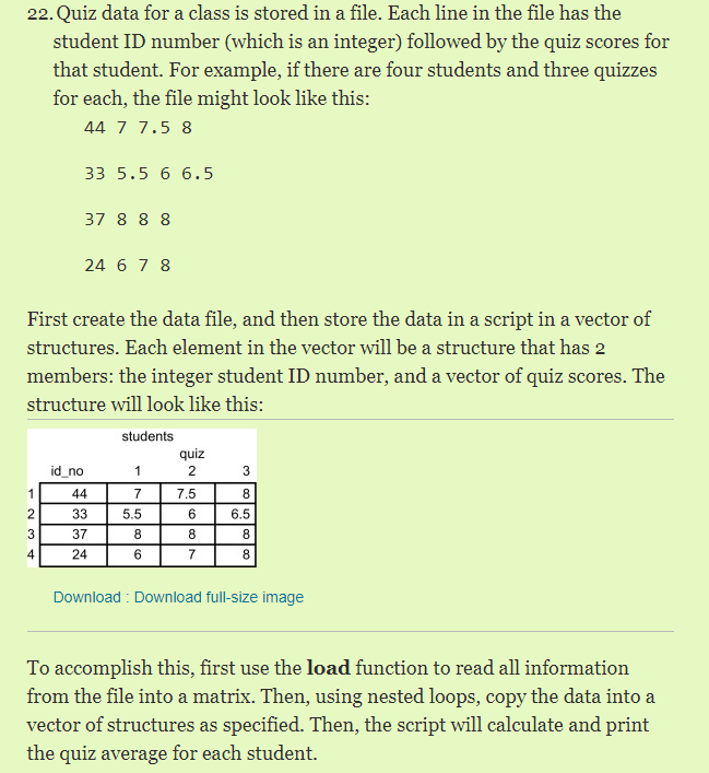 Solved 22. Quiz data for a class is stored in a file. Each | Chegg.com