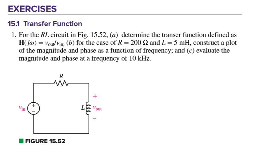 Solved EXERCISES 15.1 Transfer Function 1. For the RL | Chegg.com