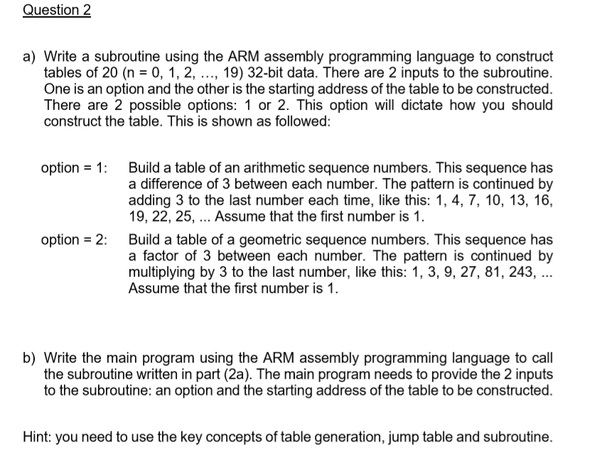 Question 2 a) Write a subroutine using the ARM | Chegg.com