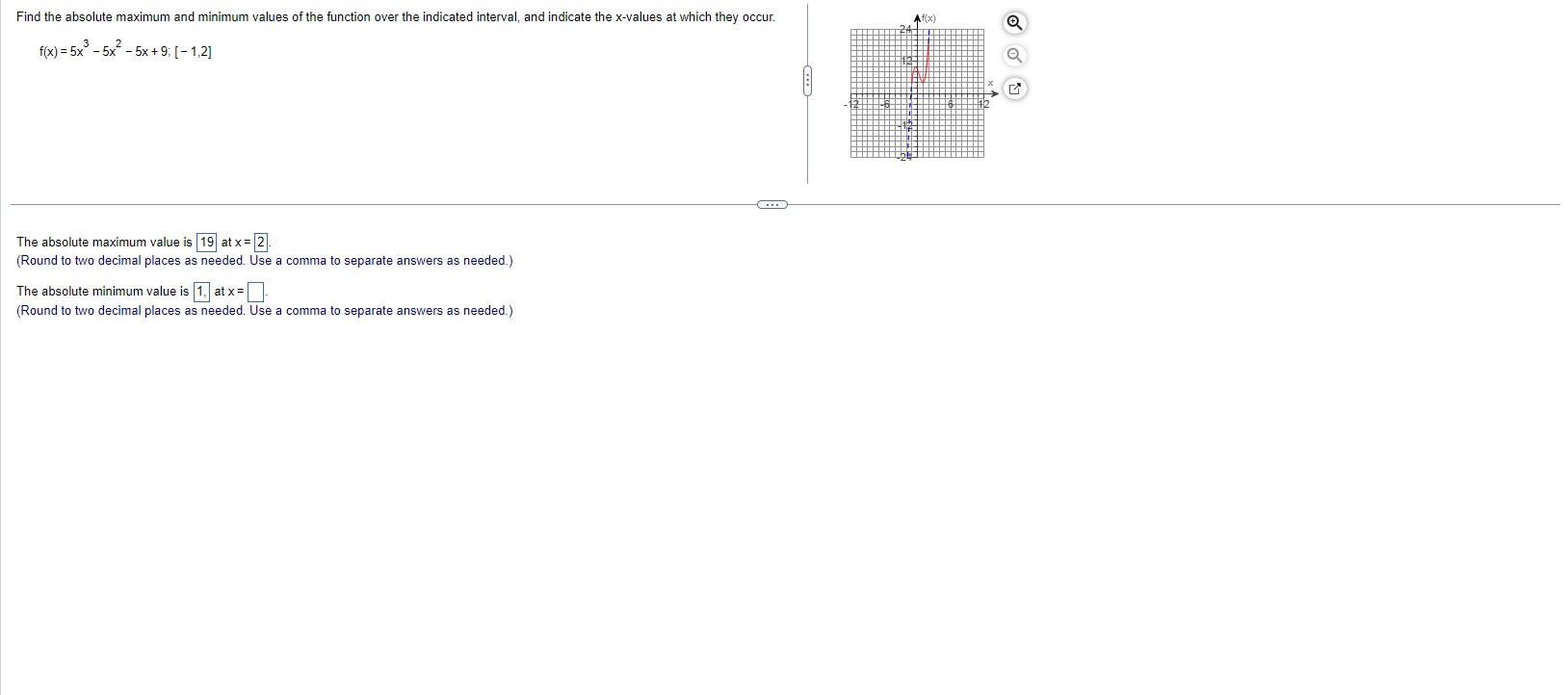 Solved f(x)=5x3−5x2−5x+9;[−1,2] The absolute maximum value | Chegg.com