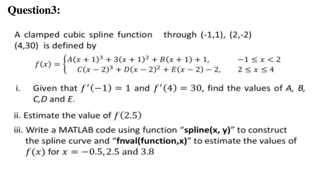 Solved Question3: A clamped cubic spline function through | Chegg.com