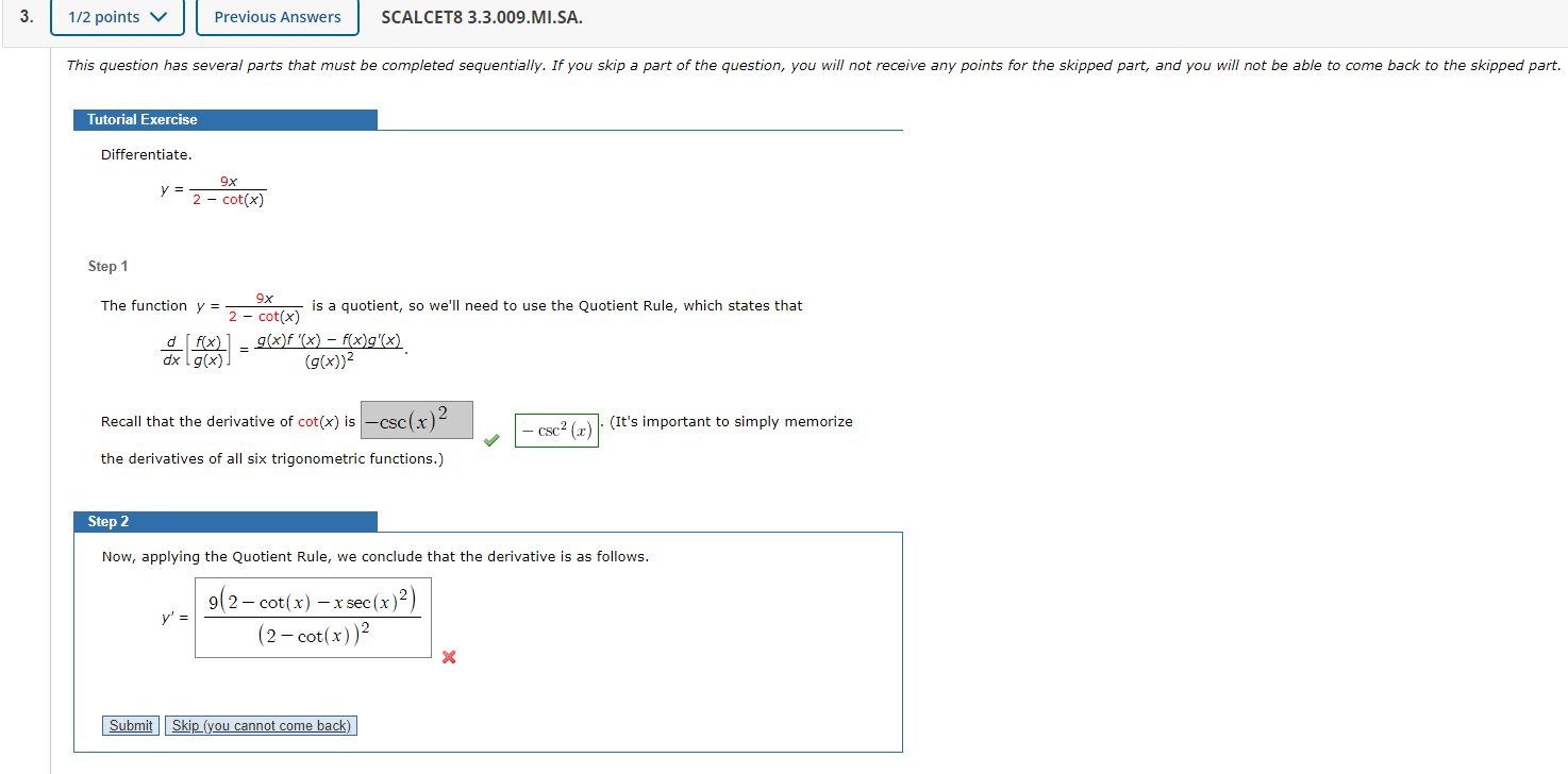 Solved 1/2 points v Previous Answers SCALCET8 3.3.009.MI.SA. | Chegg.com