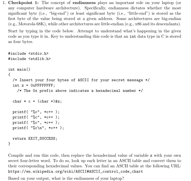 Solved 1. Checkpoint 1: The concept of endianness plays an | Chegg.com