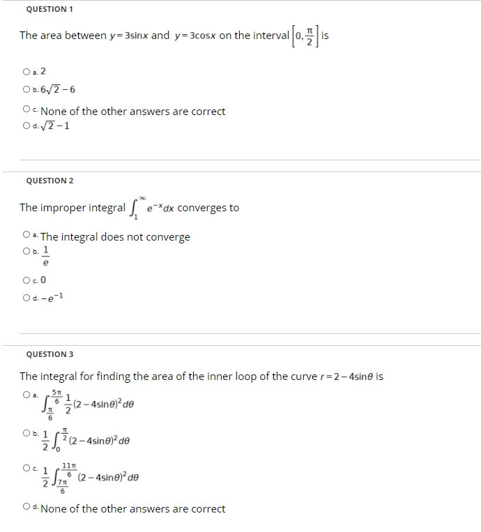 Solved QUESTION 1 The area between y= 3sinx and y=3cosx on | Chegg.com