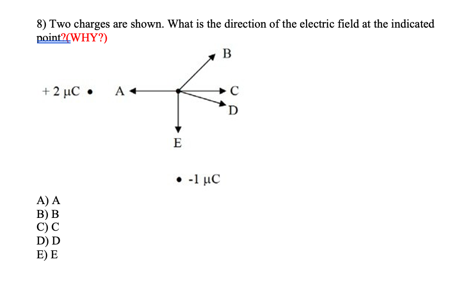 Solved 8) Two charges are shown. What is the direction of | Chegg.com