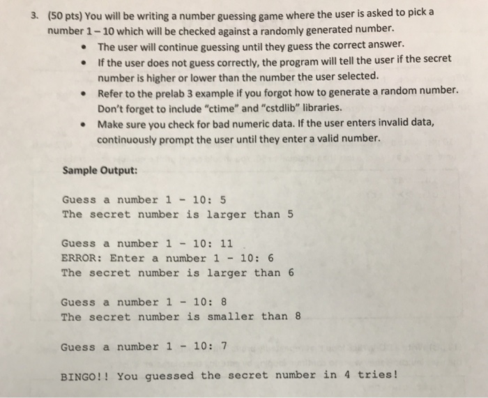 Solved (50 pts) You will be writing a number guessing game | Chegg.com