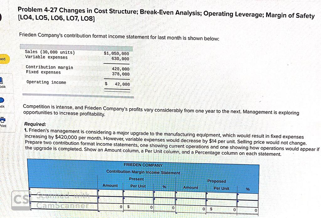 Solved Problem 4-27 Changes in Cost Structure; Break-Even | Chegg.com