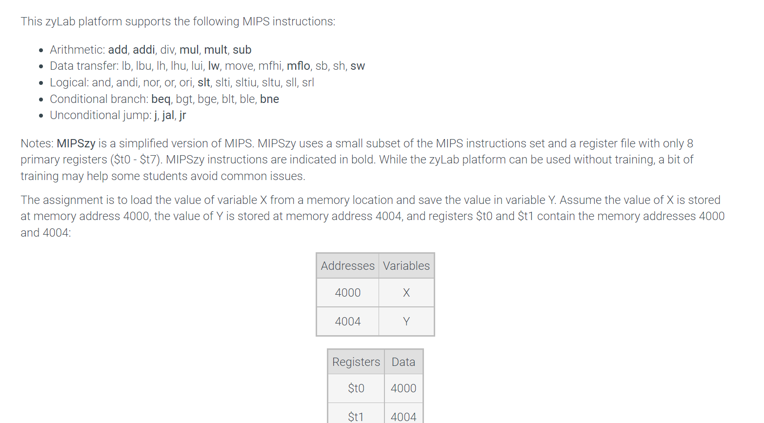 Solved This zyLab platform supports the following MIPS | Chegg.com