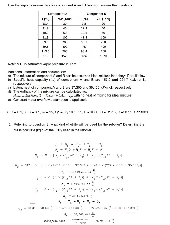Use the vapor pressure data for component A and B | Chegg.com