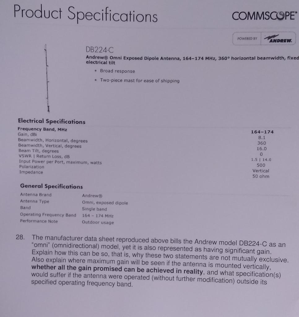 Solved Product Specifications COMMSCOPE POWERED BY ANDREW. | Chegg.com