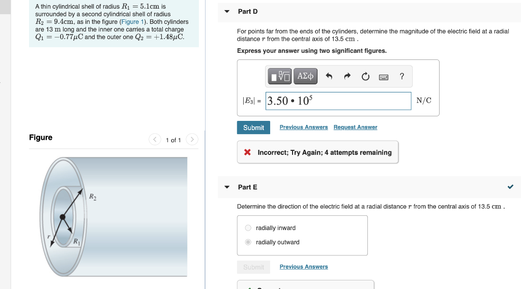 Solved Part D A thin cylindrical shell of radius R1 = 5.1cm | Chegg.com