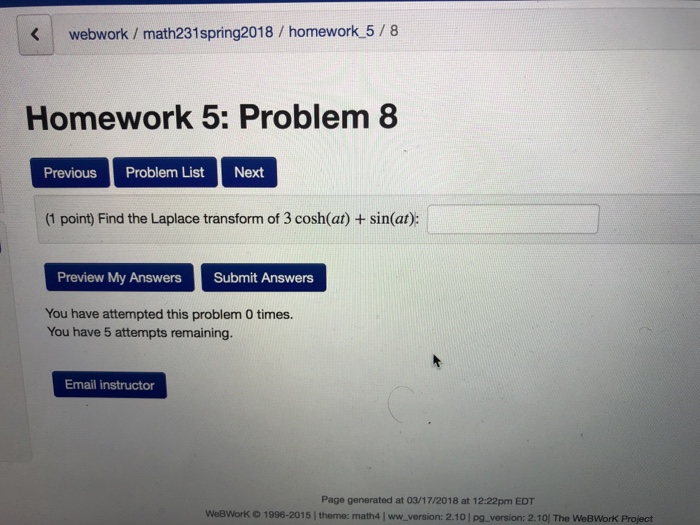 Solved webwork /math231spring2018/ homework 4/10 Homework 4: | Chegg.com