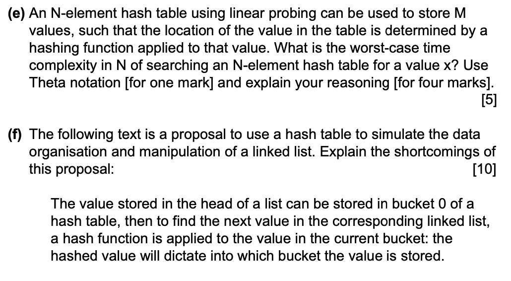 Solved (e) An N-element hash table using linear probing can | Chegg.com
