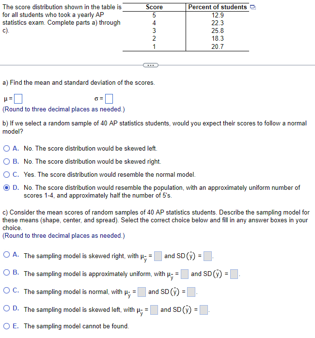 Solved The score distribution shown in the table is for all | Chegg.com