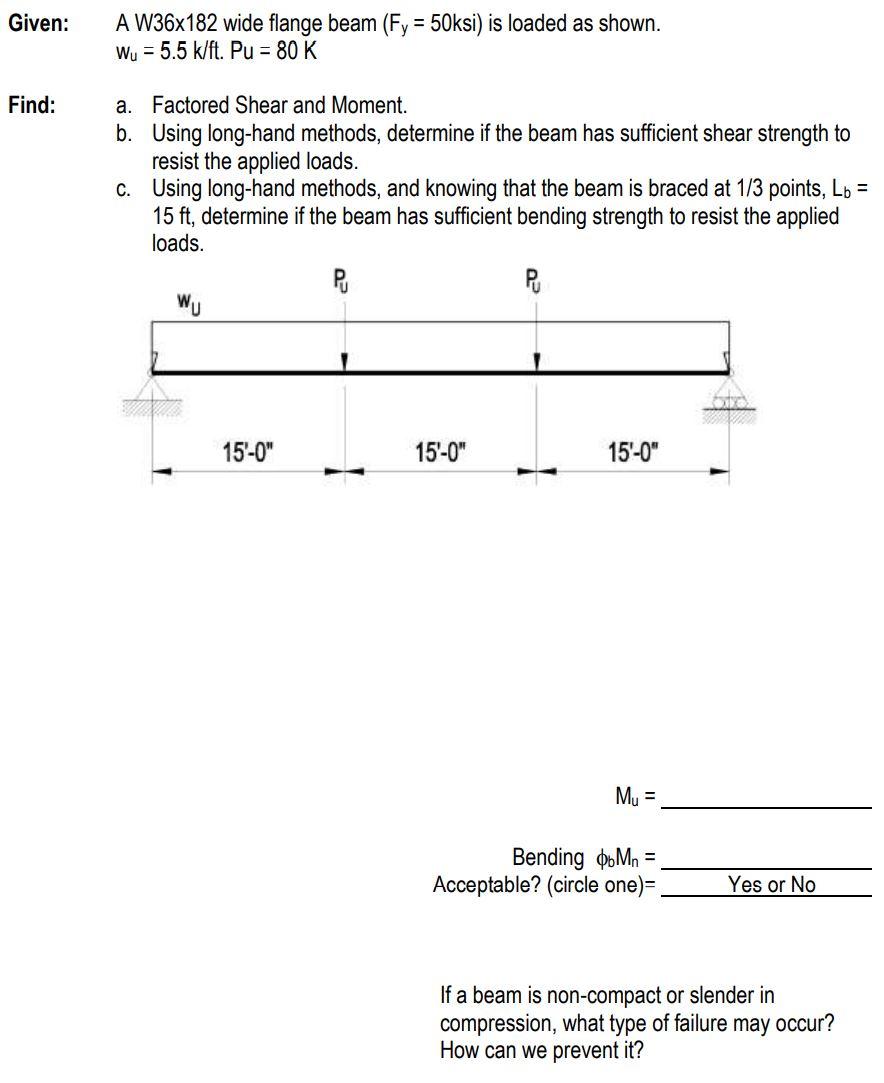 Solved Given: A W36x182 wide flange beam (Fy = 50ksi) is | Chegg.com