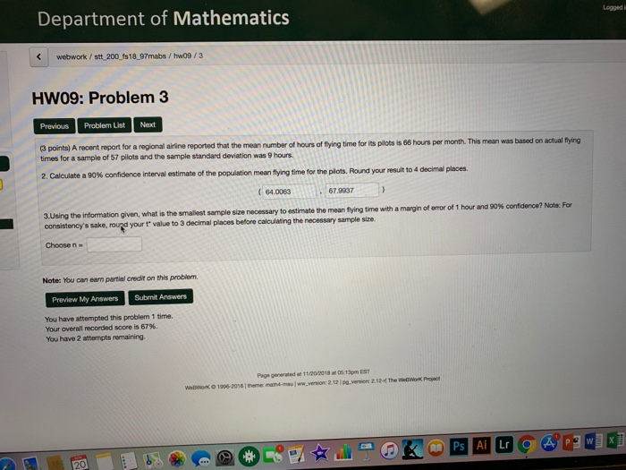 Solved Department of Mathematics Logged webwork/stt 200 fs18 | Chegg.com