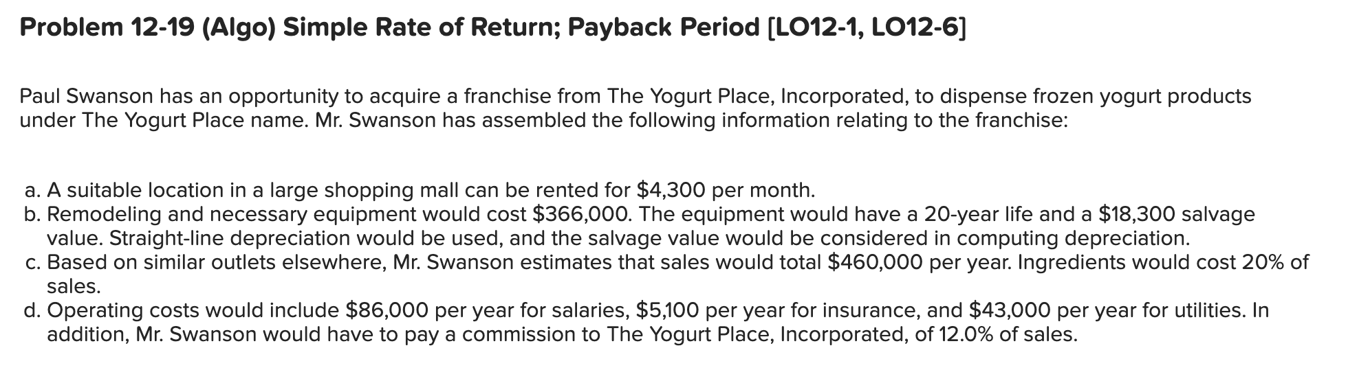 Solved Problem 12-19 (Algo) Simple Rate of Return; Payback | Chegg.com