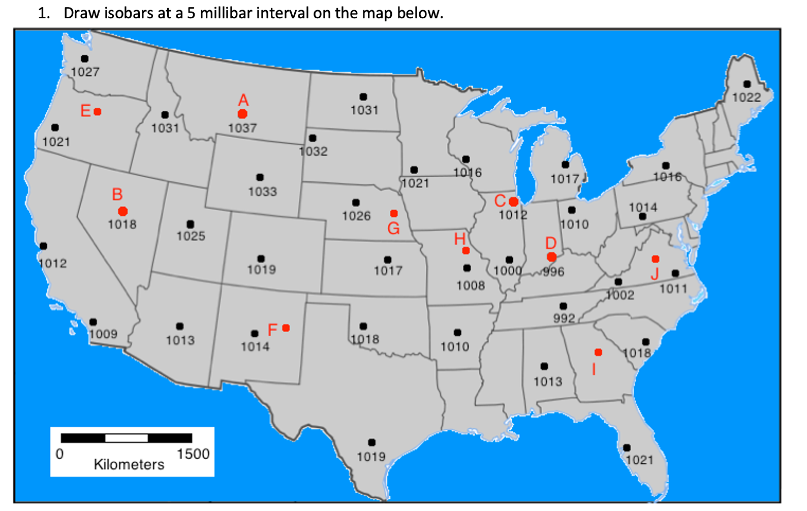 Solved Draw isobars at a 5 millibar interval on the map | Chegg.com