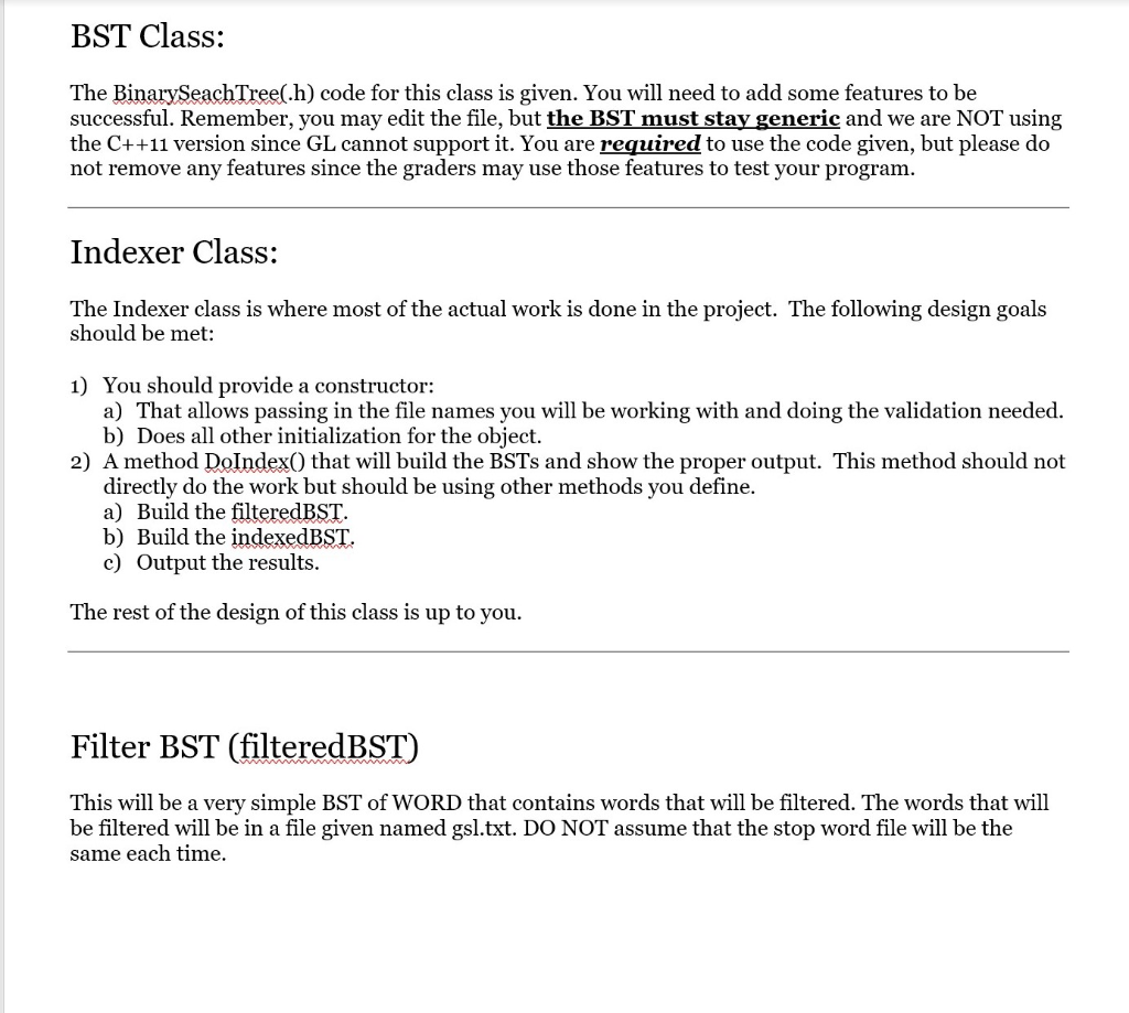 Project 2, Indexing using BSTs and overloading | Chegg.com