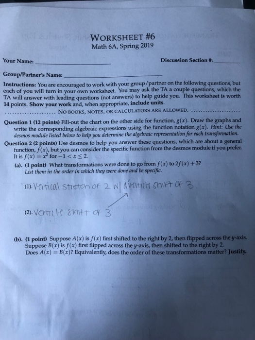 WORKSHEET #6 Math 6A, Spring 2019 Your Name: | Chegg.com