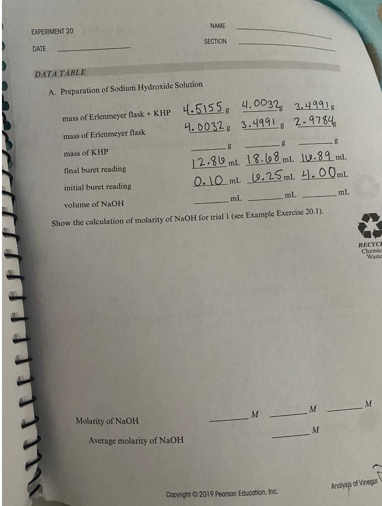 Solved NAME EXPERIMENT 20 SECTION DATE DATA TABLE A. | Chegg.com